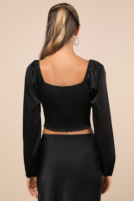 Black Rhinestone Top - Cropped Satin Blouse - Balloon Sleeve Top - Lulus