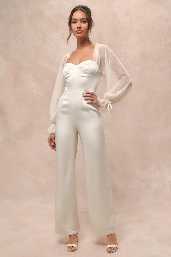 Ivory Satin Jumpsuit - Long Sleeve Bustier Jumpsuit - Jumpsuit - Lulus
