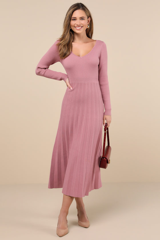 Mauve Pink Sweater Dress - Long Sleeve Midi Dress - Sweater Dress - Lulus
