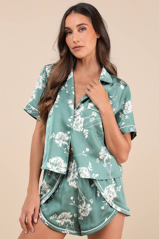 Teal Green Floral PJs - 2-PC PJ Set - Satin Pajama Short Set - Lulus