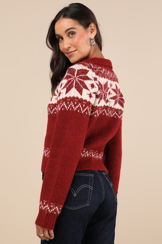 Red Fair Isle Sweater - Zip-Front Sweater - Collared Cardigan - Lulus