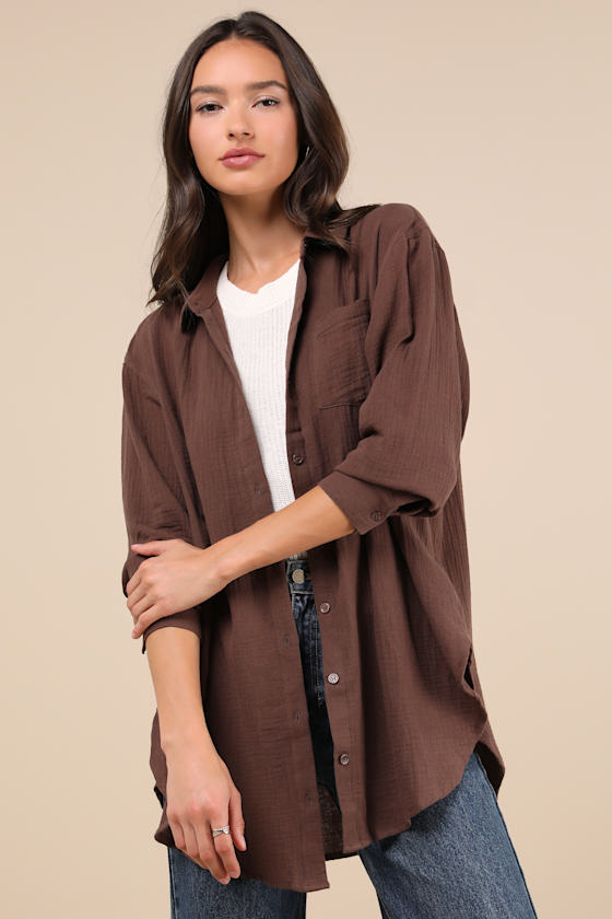Dark Brown Long Sleeve Top - Oversized Top - Button-Up Top - Lulus