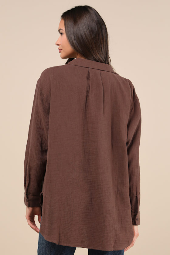 Dark Brown Long Sleeve Top - Oversized Top - Button-Up Top - Lulus