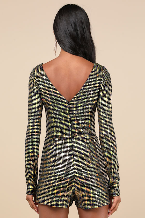 Black & Gold Skort Romper - Metallic Romper - Long Sleeve Romper - Lulus