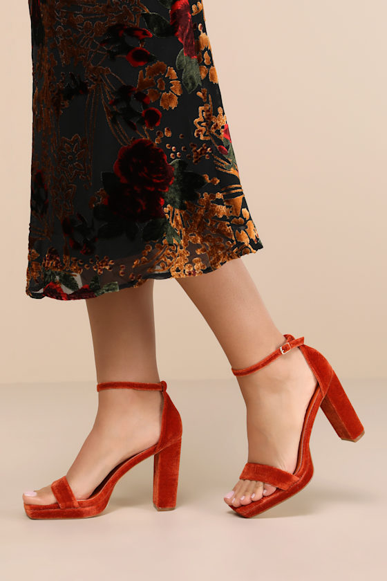 Rust Velvet Heels - High Heel Sandals - Ankle Strap Heels - Lulus
