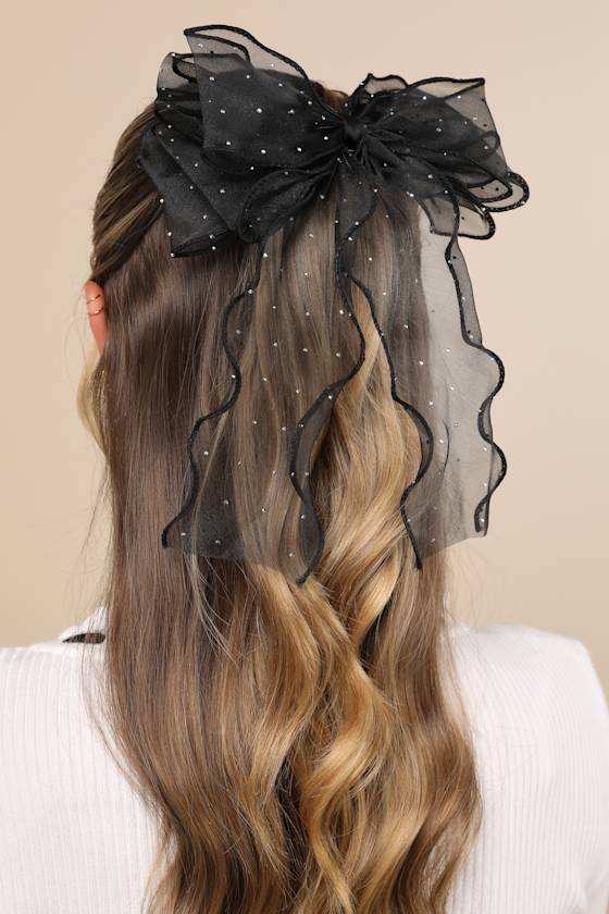 Black Sheer Hair Bow - Hair Bow Barrette - Rhinestone Mesh Bow - Lulus