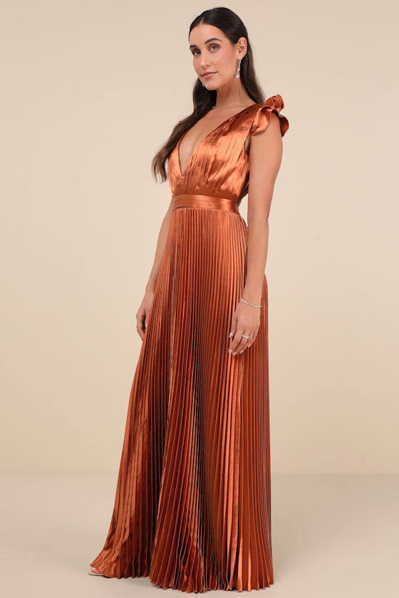 Lulus Exceptional Drama Rust Orange Satin Lace-up Pleated Maxi Dress ...