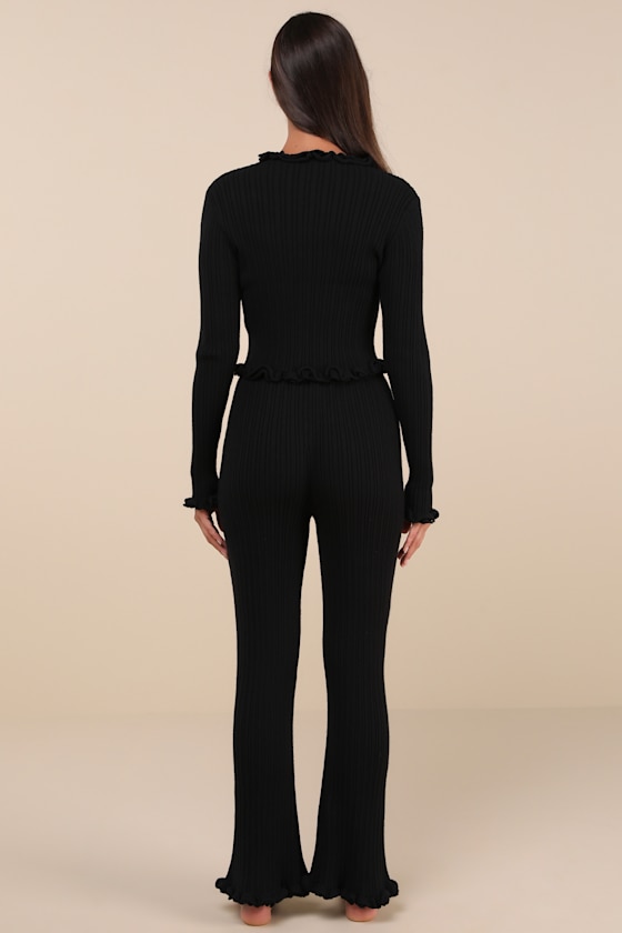 Black Ribbed Knit Set - Black Lounge Set - Ruffled Lounge Set - Lulus