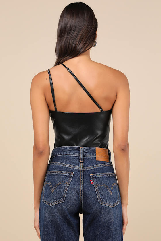 Black Vegan Leather Top - One-Shoulder Bodysuit - Cutout Bodysuit - Lulus