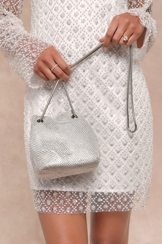 Silver Rhinestone Clutch - Shiny Pouch Clutch - Mini Handbag - Lulus