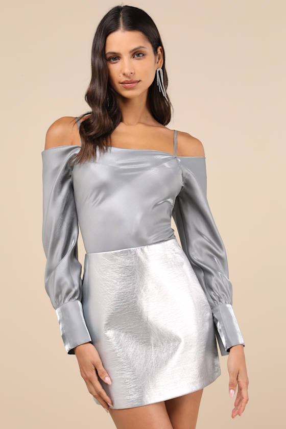 Silver Off-the-Shoulder Top - Cold-Shoulder Top - Long Sleeve Top - Lulus