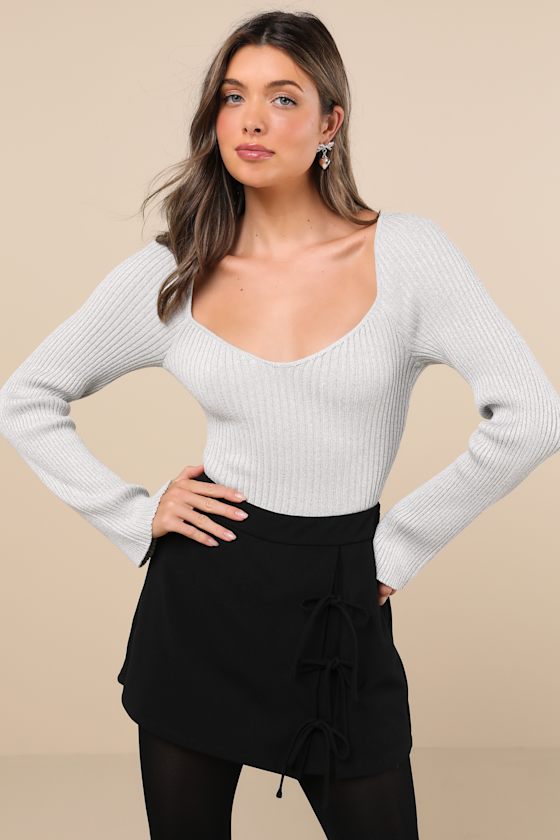 Shiny Silver Top - Lurex Ribbed Knit Top - Long Sleeve Knit Top - Lulus