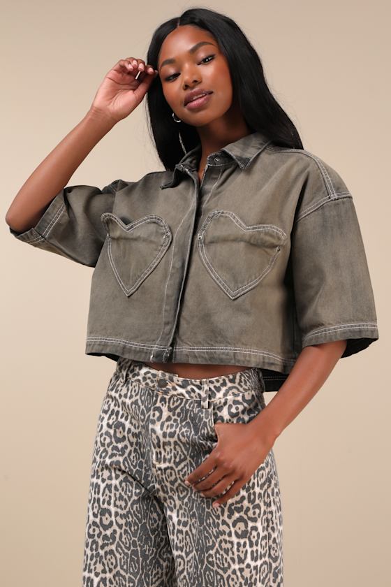 Native Youth Lacy - Washed Grey Denim Top - Heart Pocket Top - Lulus