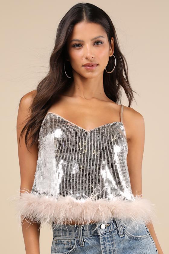 Champagne Sequin Cami - Sequin Cami Top - Feather Trim Cami Top - Lulus