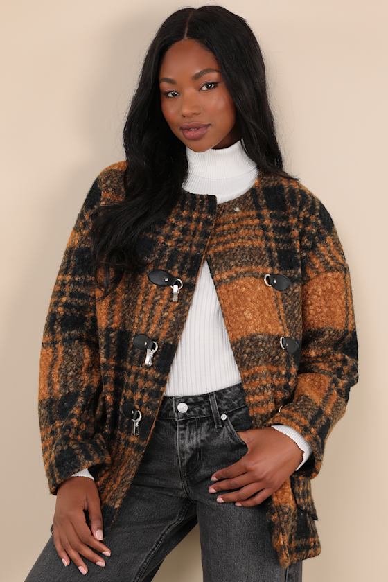 Native Youth Ramos - Tan and Black Plaid Jacket - Toggle Jacket - Lulus