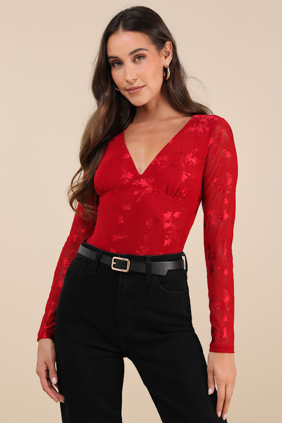 Red Mesh Bodysuit - Floral Burnout Bodysuit - Long Sleeve Top - Lulus