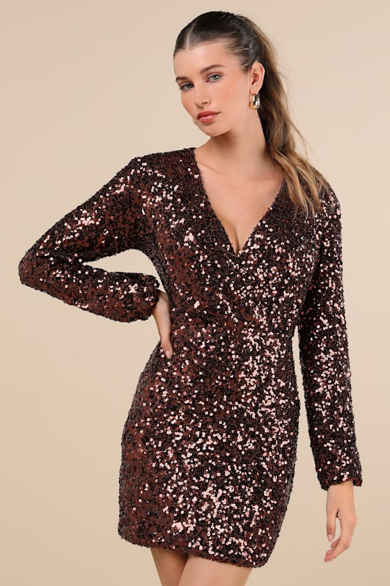 Brown Sequin Dress - Long Sleeve Mini Dress - Sequin Dress - Lulus