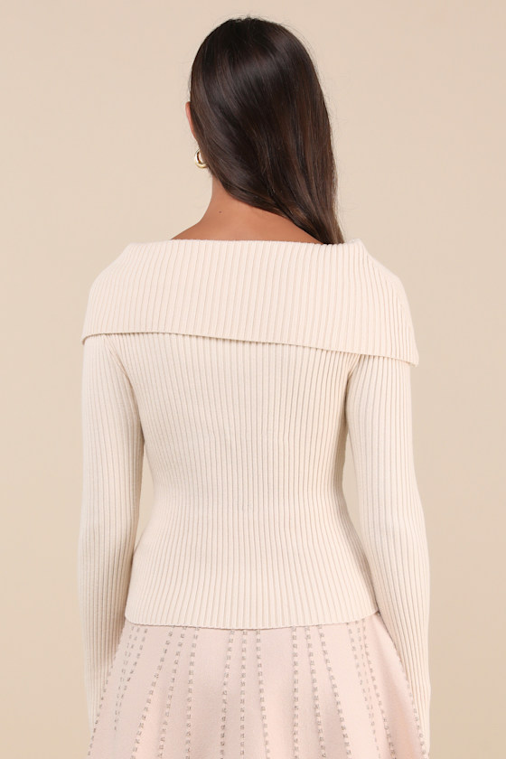 Cream Ribbed Sweater Top - Collared Top - Long Sleeve Sweater Top - Lulus