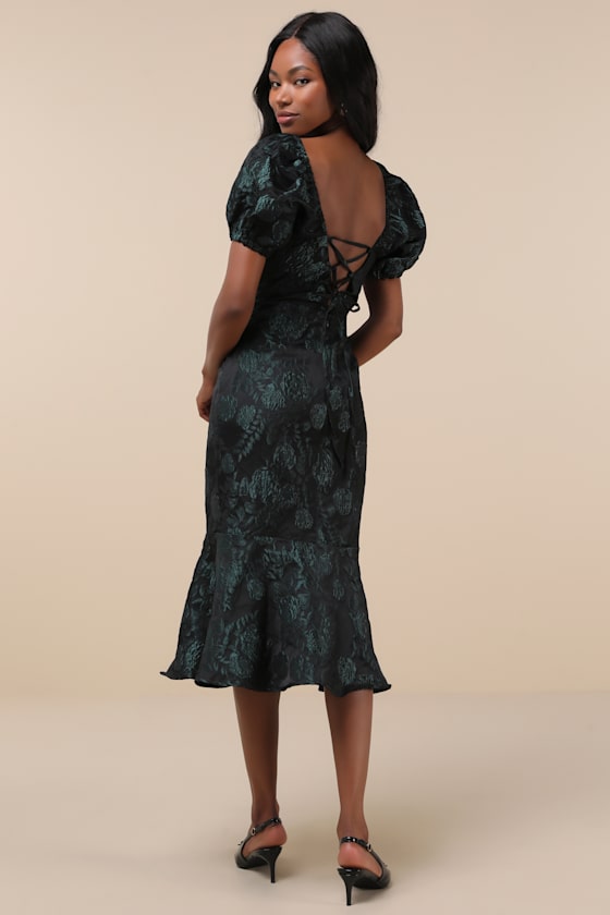 Black & Emerald Midi Dress - Trumpet Dress - Floral Jacquard Midi - Lulus
