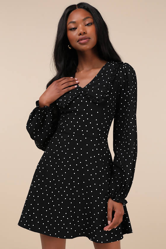 Black and White Polka Dot Dress - Long Sleeve Mini Dress - Dress - Lulus
