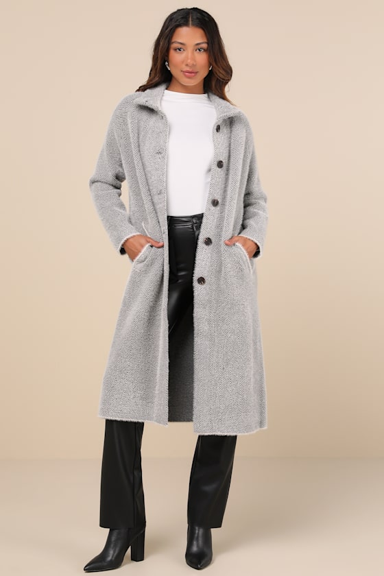NVLT Herringbone Coatigan - Grey Fuzzy Coatigan - Longline Coat - Lulus