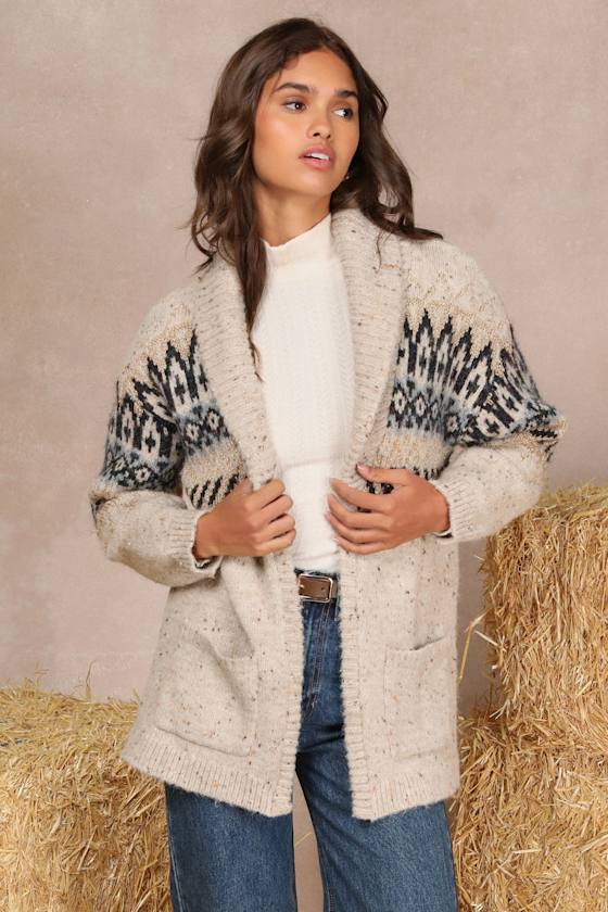Beige Open-Front Cardigan - Lurex Cardigan - Grandpa Cardigan - Lulus