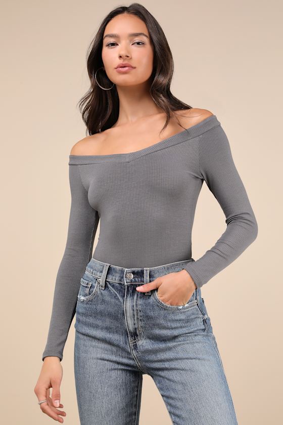 Dark Grey Bodysuit - Ribbed Knit Bodysuit - Off-the-Shoulder Top - Lulus