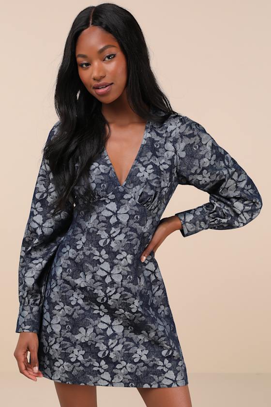 Dark Blue Floral Dress - Denim Dress - Long Sleeve Mini Dress - Lulus