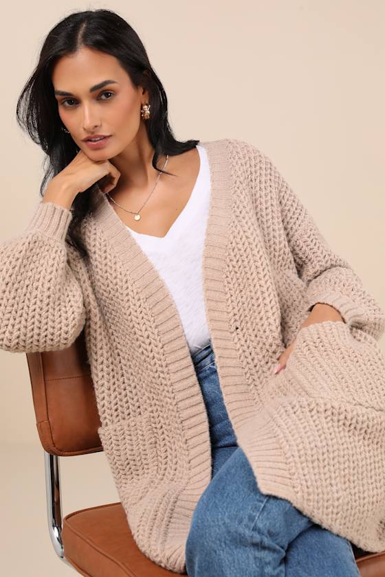 Tan Knit Cardigan Sweater - Open-Front Cardigan - Long Cardigan - Lulus