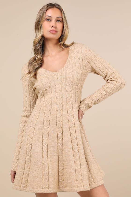 Beige Cable Knit Dress - Sweater Mini Dress - Long Sleeve Dress - Lulus