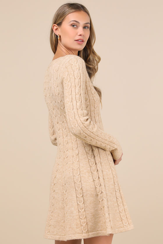 Beige Cable Knit Dress - Sweater Mini Dress - Long Sleeve Dress - Lulus