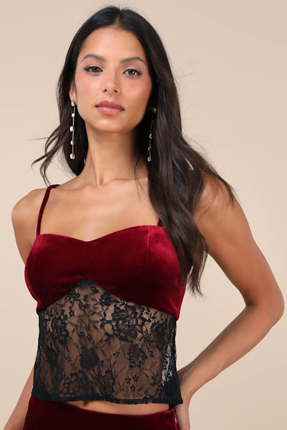 Burgundy and Black Cami Top - Velvet Lace Top - Cropped Cami Top - Lulus