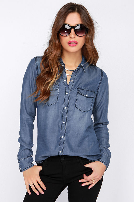 Long Sleeve Top - Denim Blue Top - Button Up Top - Cute Top - $43.00 ...