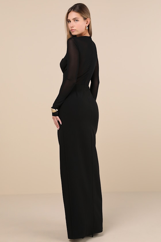 Black Dress - Long Sleeve Maxi Dress - Sheer Décolletage Dress - Lulus