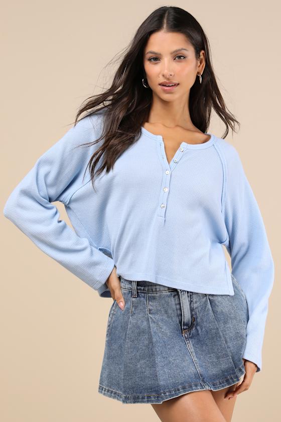 Light Blue Cropped Henley - Raglan Sleeve Henley - Thermal Top - Lulus