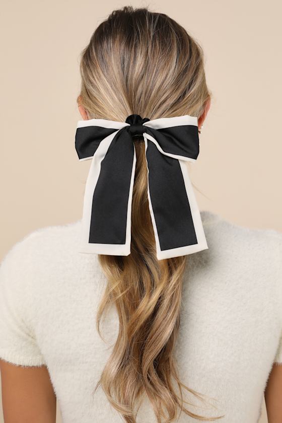 Black and Ivory Scrunchie - Contrast Bow Scrunchie - Scrunchie - Lulus