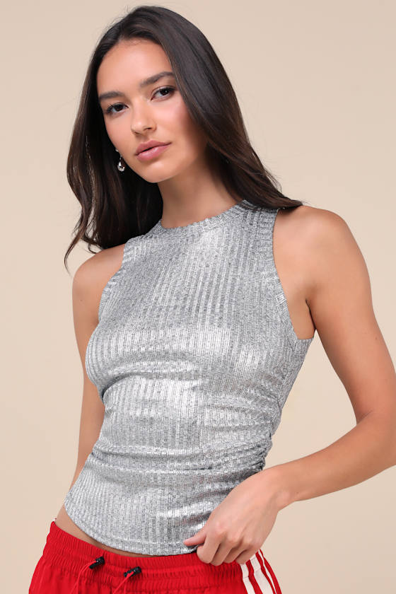 Metallic Silver Tank Top - Ruched Tank Top - Shiny Tank Top - Top - Lulus