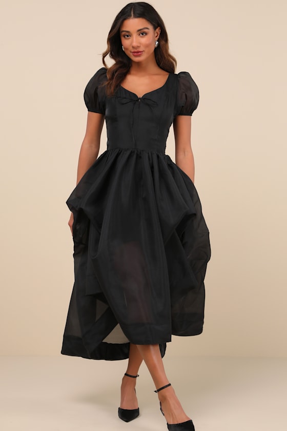 Black Organza Dress - Puff Sleeve Dress - Pinched Skirt Dress - Lulus