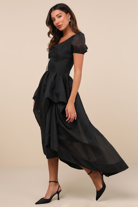 Black Organza Dress - Puff Sleeve Dress - Pinched Skirt Dress - Lulus