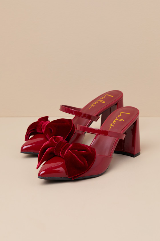 Cherry Red Pumps - Red Patent Mule Pumps - Velvet Bow Pumps - Lulus