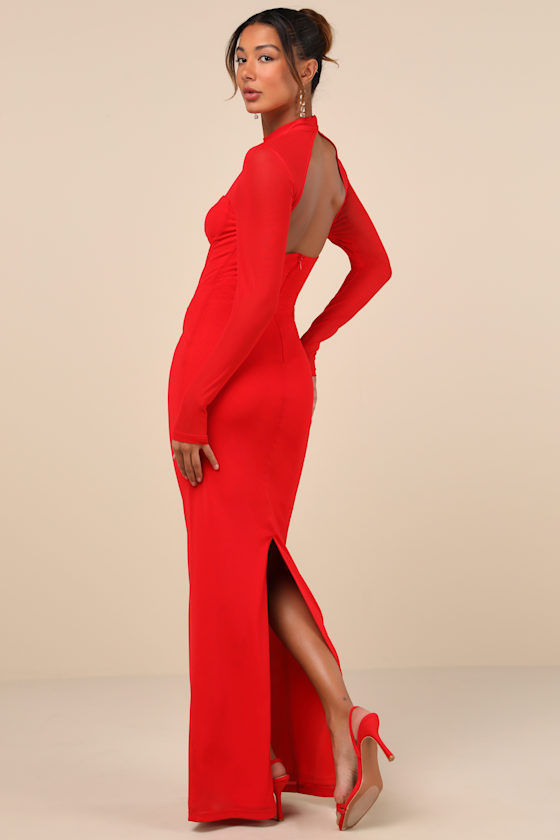 Red Mesh Dress - Bustier Maxi Dress - Long Sleeve Cutout Dress - Lulus