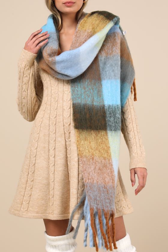 Blue Multi Plaid Scarf - Fuzzy Oversized Scarf - Blanket Scarf - Lulus