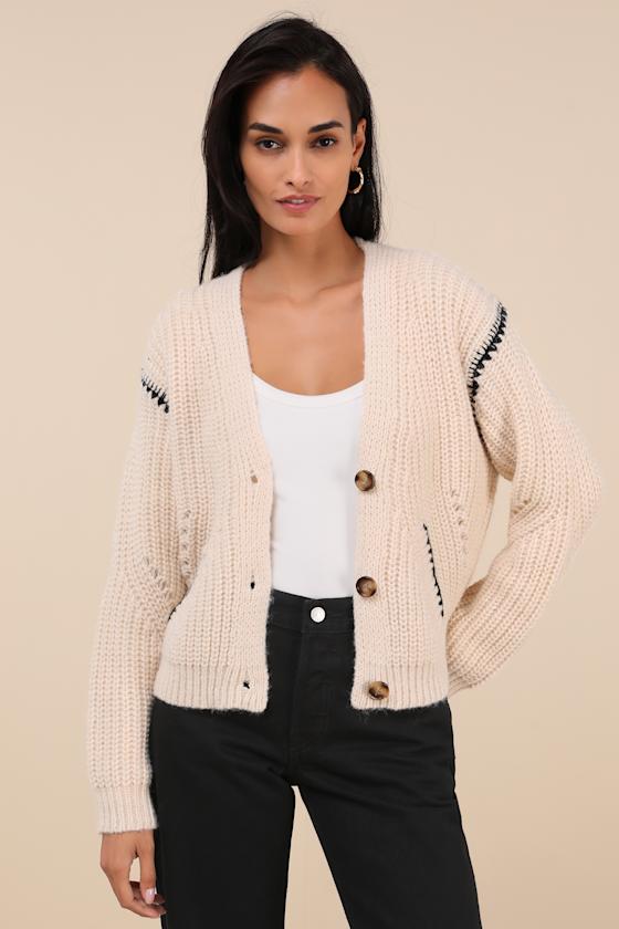 Cream Embroidered Cardigan - Cardigan Sweater - Chunky Sweater - Lulus