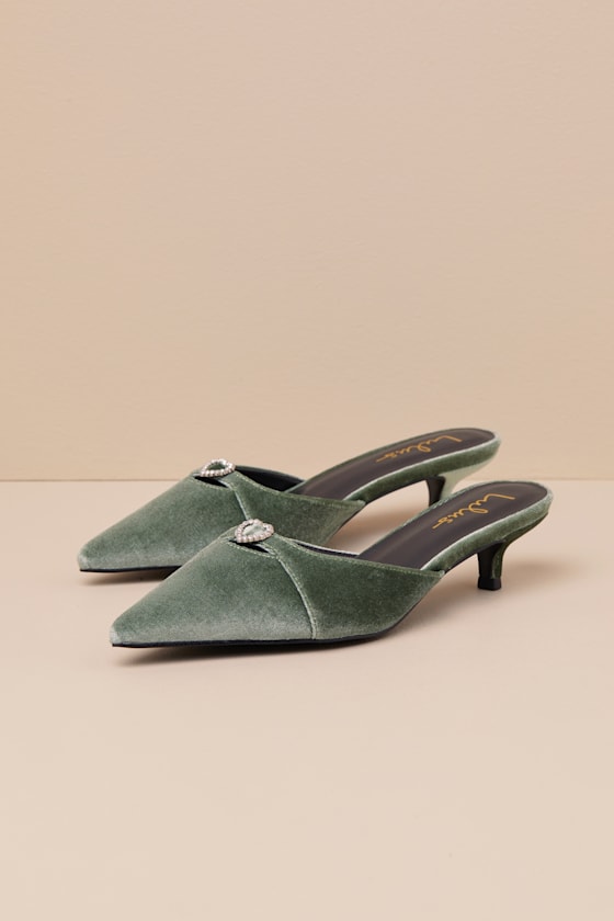 Sage Pumps - Kitten Heel Pumps - Velvet Pumps - Rhinestone Pumps - Lulus