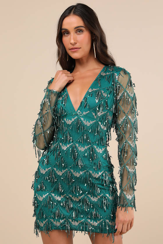 Green Fringe Dress - Sequin Long Sleeve Dress - Fringe Mini Dress - Lulus