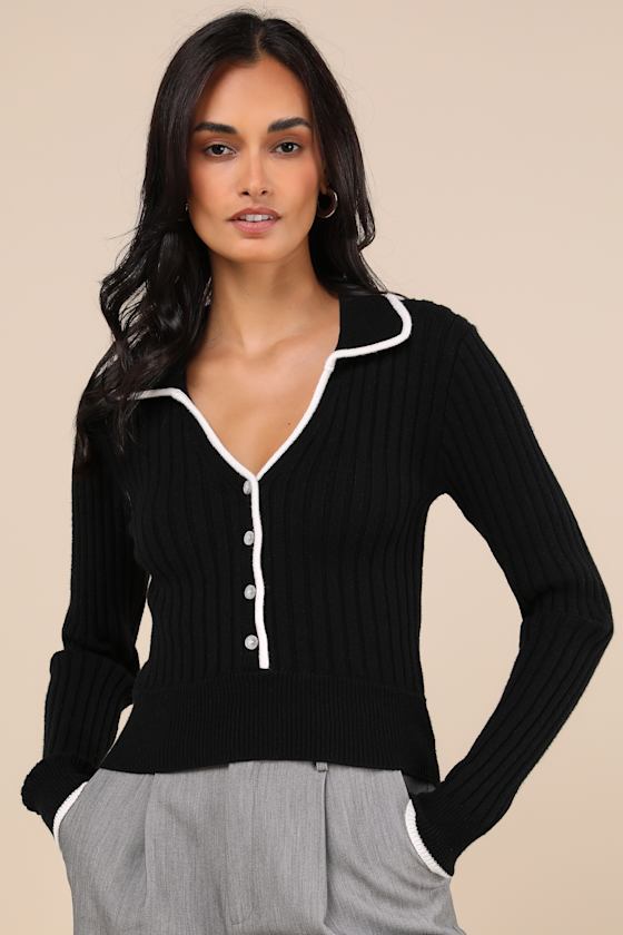 Black Collared Sweater Top - Contrast Trim Sweater - Sweater Top - Lulus