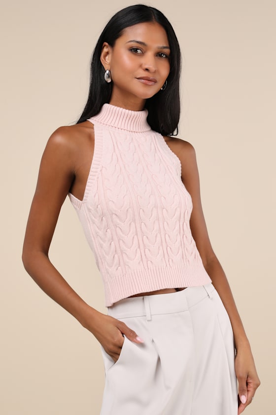 Pink Turtleneck Top - Cable Knit Halter Top - Sweater Knit Top - Lulus