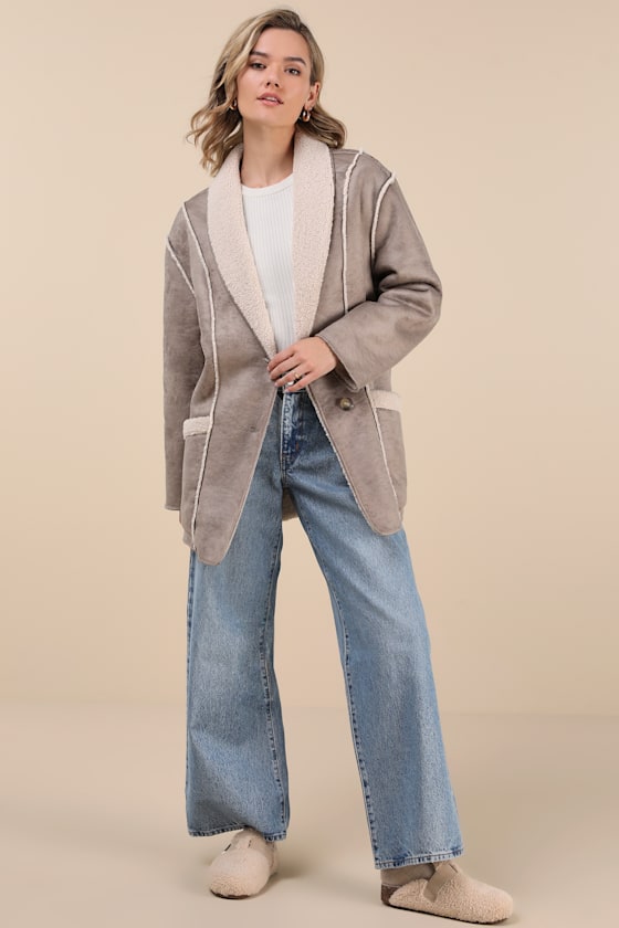 Native Youth Claine - Distressed Suede Coat - Shearling Trim Coat - Lulus