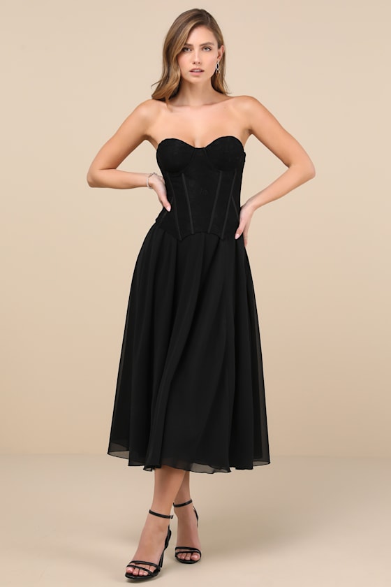 Black Lace Midi Dress - Strapless Midi Dress - Lace-Up Midi Dress - Lulus