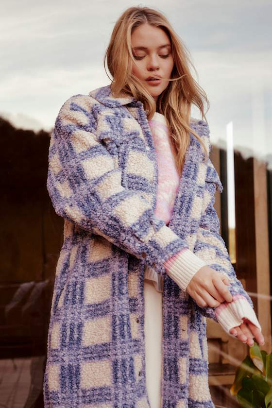 Plaid Teddy Jacket - Shearling Jacket - Blue and White Jacket - Lulus